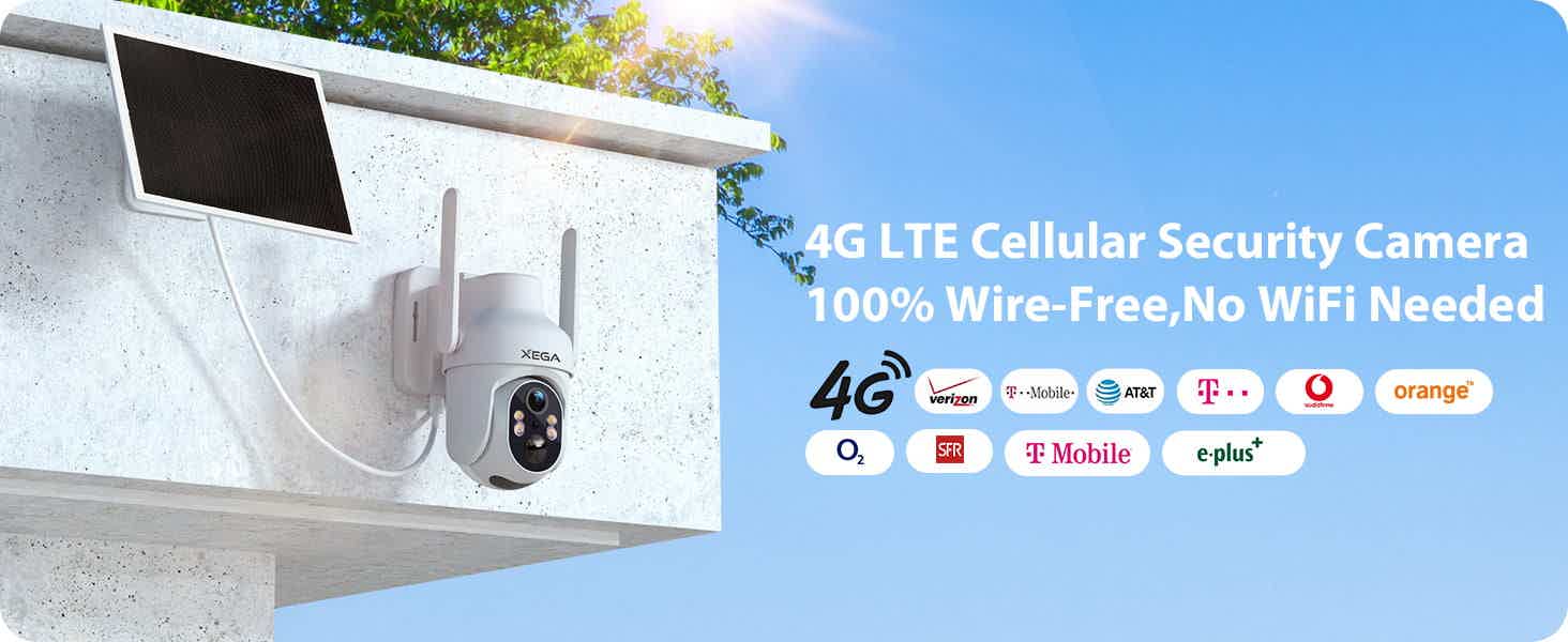 Xega 4G LTE Cellular Security Camera with SIM Card, Solar Powered Wire
